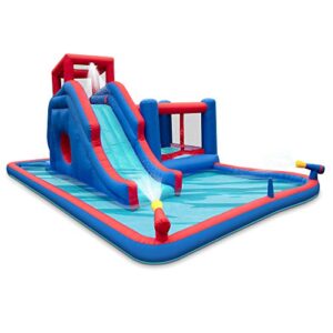 sunny & fun 2-in-1 bounce & blast inflatable water slide park – heavy-duty for outdoor fun - climbing wall, slide, bouncer & splash pool – easy to set up, included air pump & carrying case