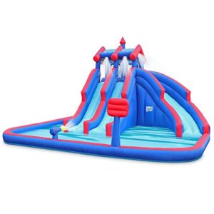 sunny & fun mega sport inflatable water triple slide park – heavy-duty for outdoor fun - climbing wall, 3 slides & splash pool – easy to set up & inflate with included air pump & carrying case