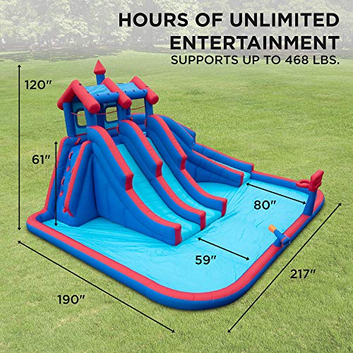 SUNNY & FUN Mega Sport Inflatable Water Triple Slide Park – Heavy-Duty for Outdoor Fun - Climbing Wall, 3 Slides & Splash Pool – Easy to Set Up & Inflate with Included Air Pump & Carrying Case