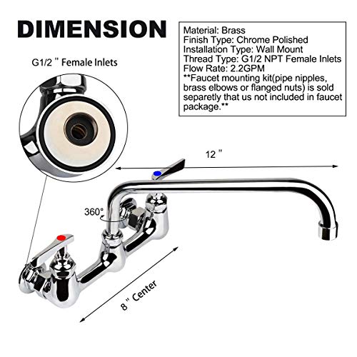 COOLWEST 8” Center Wall Mount Commercial Kitchen Sink Faucet with 12 Inch Swivel Swing Spout, 2 Handles Backsplash Mounted Sink Faucets Chrome Finish