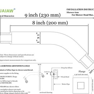 Aquaiaw Square Shower Arm and Anti-Scratch O-Ring Flange, Solid Brass, 8 inch, Both Soldered 1/2-14 NPT Tapered Threads, Wall Mount Shower Head Extension Arm (Matte Black)