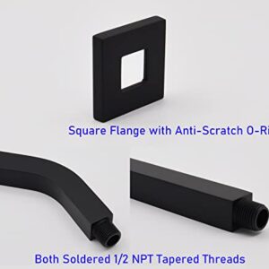 Aquaiaw Square Shower Arm and Anti-Scratch O-Ring Flange, Solid Brass, 8 inch, Both Soldered 1/2-14 NPT Tapered Threads, Wall Mount Shower Head Extension Arm (Matte Black)