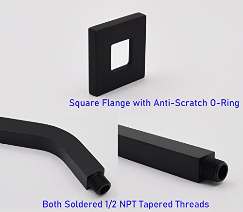 Aquaiaw Square Shower Arm and Anti-Scratch O-Ring Flange, Solid Brass, 8 inch, Both Soldered 1/2-14 NPT Tapered Threads, Wall Mount Shower Head Extension Arm (Matte Black)