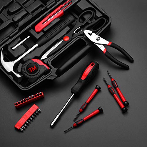 39-Piece Household Tools Kit - Small Basic Home Tool Set with Plastic Toolbox - Great for College Students, Household Use & More