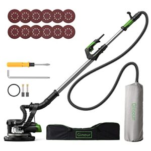 drywall sander, ginour 750w powerful wall sander, 7 variable speed 1000-1800rpm electric sander with led light, extendable handle, portable bag, dust hose, 12pcs sanding discs, for ceiling and wall