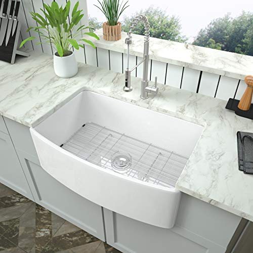 Farmhouse Sink 30 Inch, Mocoloo Curved White Farmhouse Sink Arched Edge Apron Sink Fireclay Single Bowl Farm Sink Large Deep Bowl Kitchen Sink 30x19x10 with Custom Bottom Grid & Kitchen Sink Strainer