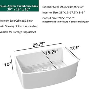 Farmhouse Sink 30 Inch, Mocoloo Curved White Farmhouse Sink Arched Edge Apron Sink Fireclay Single Bowl Farm Sink Large Deep Bowl Kitchen Sink 30x19x10 with Custom Bottom Grid & Kitchen Sink Strainer