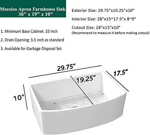 Farmhouse Sink 30 Inch, Mocoloo Curved White Farmhouse Sink Arched Edge Apron Sink Fireclay Single Bowl Farm Sink Large Deep Bowl Kitchen Sink 30x19x10 with Custom Bottom Grid & Kitchen Sink Strainer