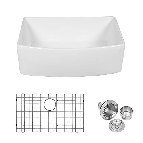 Farmhouse Sink 30 Inch, Mocoloo Curved White Farmhouse Sink Arched Edge Apron Sink Fireclay Single Bowl Farm Sink Large Deep Bowl Kitchen Sink 30x19x10 with Custom Bottom Grid & Kitchen Sink Strainer