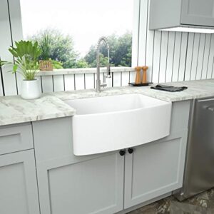 Farmhouse Sink 30 Inch, Mocoloo Curved White Farmhouse Sink Arched Edge Apron Sink Fireclay Single Bowl Farm Sink Large Deep Bowl Kitchen Sink 30x19x10 with Custom Bottom Grid & Kitchen Sink Strainer