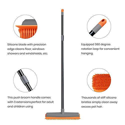 TreeLen Rubber Broom Carpet Rake Pet Hair Remover Broom with Squeegee Extension Push Broom for Carpet Hardwood Floor Tile Windows Cleaning