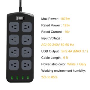 Power Strip Surge Protector 1875W/15A - 8 AC Outlets 3.1A 4 USB Ports 6 Feet Long Extension Cord, Mountable Power Outlet for Flat Plug Phone iPad PC Laptop Home,Office & Hotel - Black