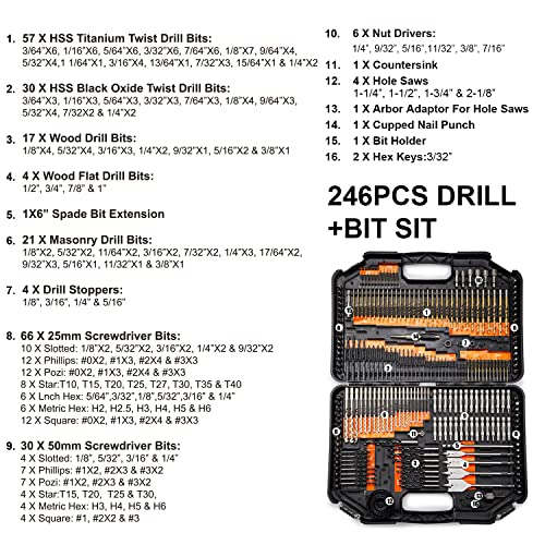 VOLLTEK Drill Bit Set, 246-Pieces Drill Bits and Driver Set for Wood Metal Cement Drilling and Screw Driving, Combo Kit Assorted in Plastic Carrying Case