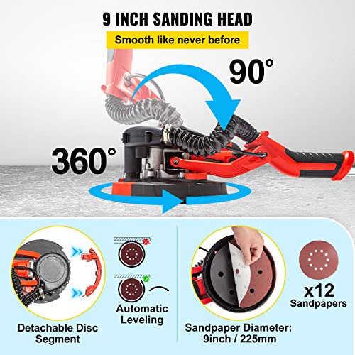 Mophorn Drywall Sander 850W Electric Drywall Sander Foldable Sheetrock Sander with Telescope Handle, Electric Sander Variable Speed 800-1750RPM, Wall Sander with LED Lights and Vacuum Bag, 6 Sand Pad