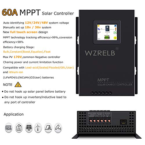 WZRELB 60A MPPT Solar Charge Controller 12V/24V/48V Auto 18V/36V Manual Max PV 170V Solar Panel Controller with LCD Full Touch Screen Design