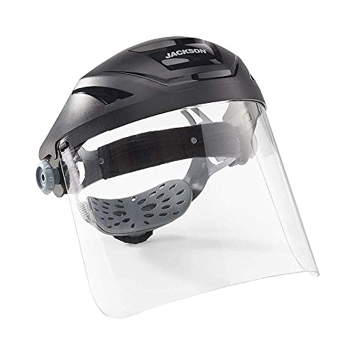 Jackson Safety F4XP Crown Face Shield, Ratcheting Safety Headgear, Clear Anti-Fog Polycarbonate Window for Grinding, Universal Pin Pattern, Black, 14262