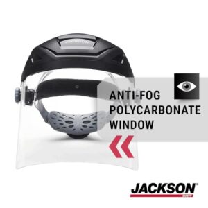 Jackson Safety F4XP Crown Face Shield, Ratcheting Safety Headgear, Clear Anti-Fog Polycarbonate Window for Grinding, Universal Pin Pattern, Black, 14262