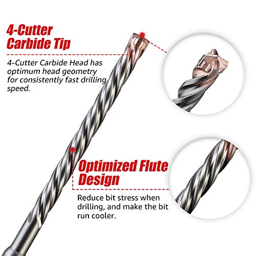 EZARC PGM Masonry Drill Bit Set 5PC SDS-Plus Hammer Drill Bits 4-Cutter Carbide Tips for Reinforced Concrete, Masonry, Marble, Brick and Tile