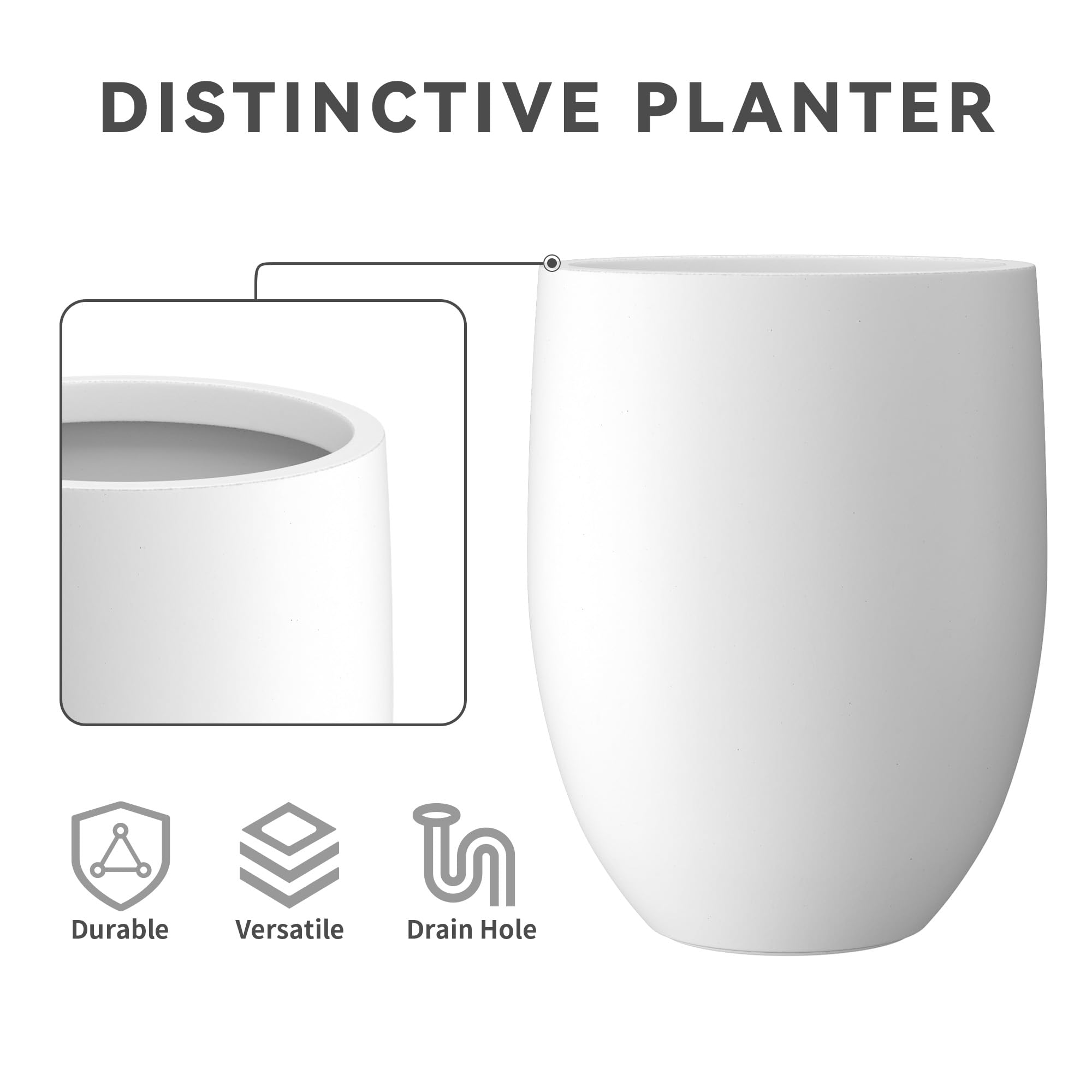 Kante 21.7" H Pure White Concrete Tall Planter, Large Outdoor Indoor Decorative Pot with Drainage Hole and Rubber Plug, Modern Round Style for Home and Patio