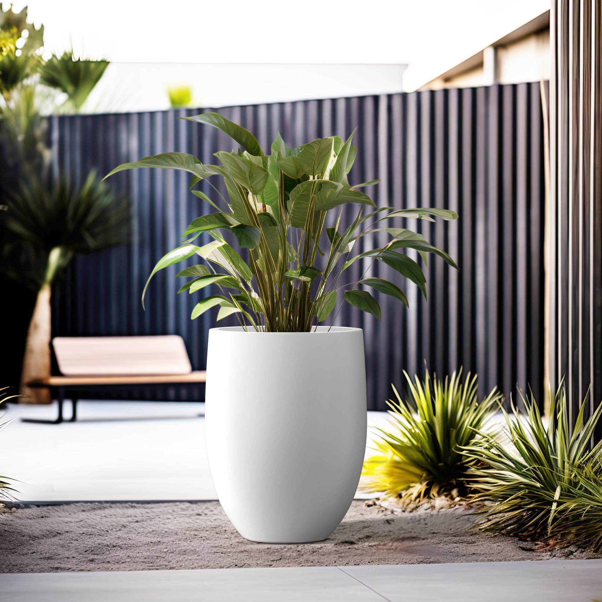 Kante 21.7" H Pure White Concrete Tall Planter, Large Outdoor Indoor Decorative Pot with Drainage Hole and Rubber Plug, Modern Round Style for Home and Patio