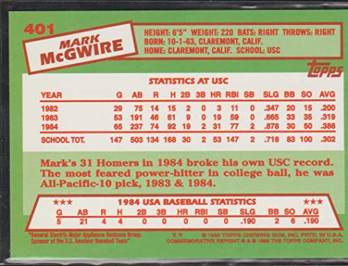 1999 Topps Mark McGwire Rookie Reprint Baseball Card #401