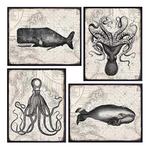 nautical decor, wall art - vintage octopus, whale, beach house decor for bathroom, living room, bedroom, office - ocean, sea themed decoration - unique rustic gift - 8x10 unframed poster print