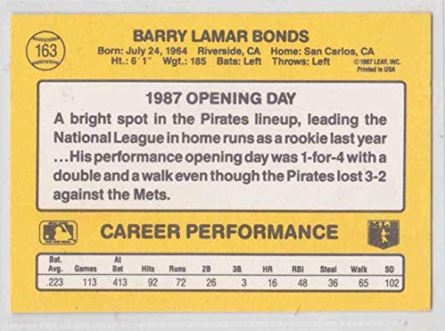 1987 Donruss Opening Day #163B Barry Bonds RC - Pittsburgh Pirates (RC - Rookie Card) COR NM-MT MLB