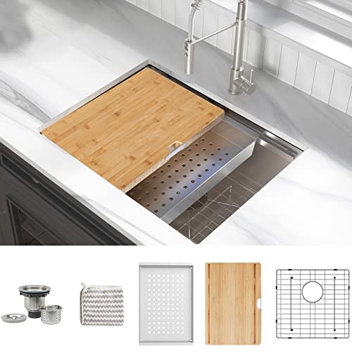 KORVOS Workstation Undermount 16 Gauge Single Bowl Bar Kitchen Sink with Bamboo Cutting Board and Accessories, 24 Inch, Stainless Steel