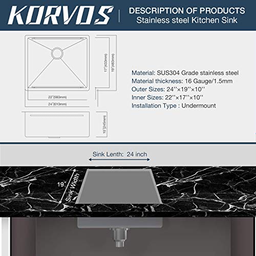 KORVOS Workstation Undermount 16 Gauge Single Bowl Bar Kitchen Sink with Bamboo Cutting Board and Accessories, 24 Inch, Stainless Steel