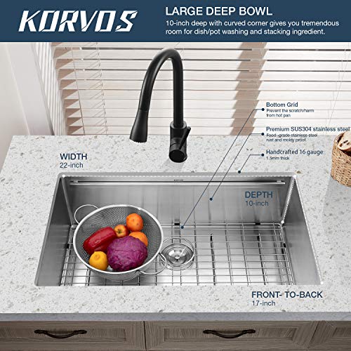 KORVOS Workstation Undermount 16 Gauge Single Bowl Bar Kitchen Sink with Bamboo Cutting Board and Accessories, 24 Inch, Stainless Steel