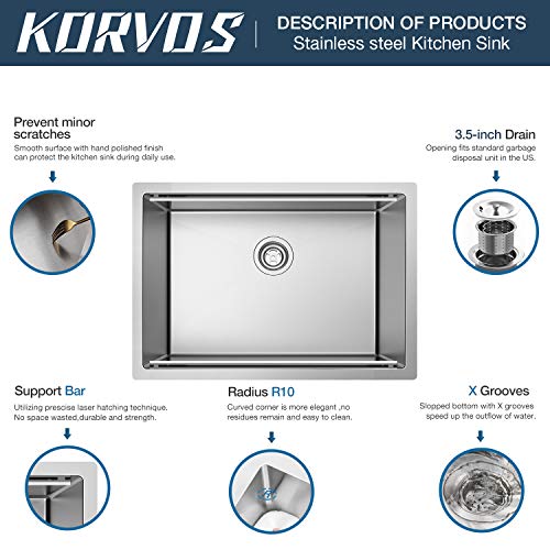 KORVOS Workstation Undermount 16 Gauge Single Bowl Bar Kitchen Sink with Bamboo Cutting Board and Accessories, 24 Inch, Stainless Steel