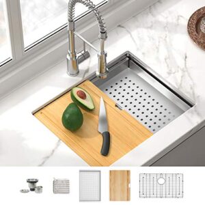 KORVOS Workstation Undermount 16 Gauge Single Bowl Bar Kitchen Sink with Bamboo Cutting Board and Accessories, 24 Inch, Stainless Steel