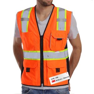 Dib Safety Vest Reflective Orange Mesh, High Visibility Vest with Pockets and Zipper, Heavy Duty Vest Made with 3M Reflective Tape S