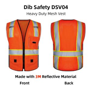 Dib Safety Vest Reflective Orange Mesh, High Visibility Vest with Pockets and Zipper, Heavy Duty Vest Made with 3M Reflective Tape S