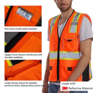 Dib Safety Vest Reflective Orange Mesh, High Visibility Vest with Pockets and Zipper, Heavy Duty Vest Made with 3M Reflective Tape S