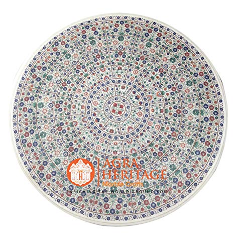 White Marble Round Dining Table Top Multi Marquetry Inlay Stunning Design Home Interior Decor