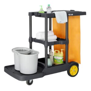 tuffiom commercial traditional cleaning janitorial 3-shelf cart, 500 lbs capacity housekeeping cart, 42.5" l x 18.7" w x 37.6" h, wheeled with 22 gallon yellow vinylbag and cover w lid, black