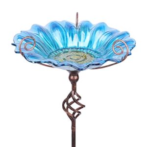 mumtop bird baths for outdoors, outdoor bird bath,glass birdbath sunflower bird feeders bowl with stake for garden yard decor (blue)