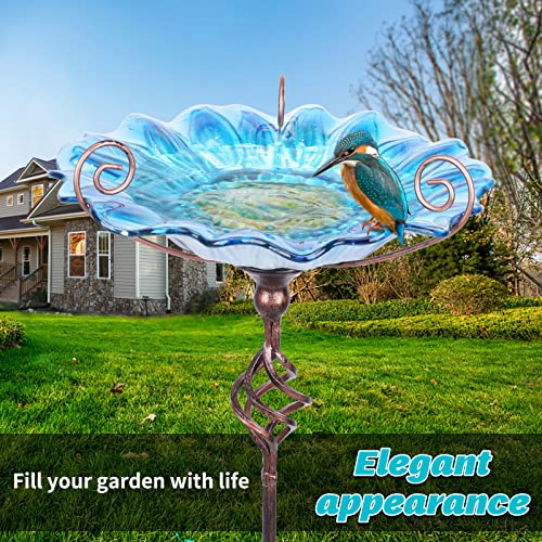 MUMTOP Bird Baths for Outdoors, Outdoor Bird Bath,Glass Birdbath Sunflower Bird Feeders Bowl with Stake for Garden Yard Decor (Blue)