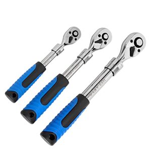 helakls 3-piece 1/4" 3/8" 1/2-inch drive socket ratchet set extendable handle wrench quick-release reversible gear torque spanner mechanical tools