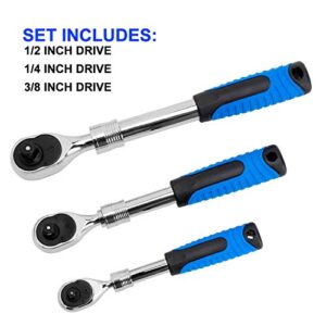 HELAKLS 3-Piece 1/4" 3/8" 1/2-Inch Drive Socket Ratchet Set Extendable Handle Wrench Quick-Release Reversible Gear Torque Spanner Mechanical Tools