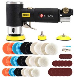 si fang 48pcs 1'' 2'' 3'' mini random orbital air sander kit,high speed mini pneumatic sander polisher for auto body work, includes 1/2/3in polishing sponge & wool pads sandpapers(black kit)