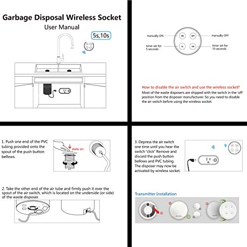 didikit Garbage Disposal Wireless Switch Kit, Sink Top Waste Disposal On/Off Switch Remote with 5s/10s Timer, Air Switch Replacement for Waste Food Disposer Up to 1HP, 16A/1800W, White