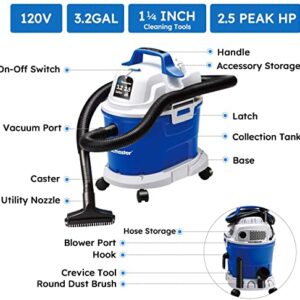 Vacmaster Wet Dry Vacuum 3.2 Gallon 2.5 Peak HP Wall Mounted Shop Vacuum Cleaner with Extension Wands Tool Storage & Wall Bracket for Garage, Car, Home & Workshop