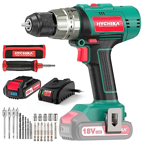 Cordless Hammer Drill Driver 18V, HYCHIKA 400 In-lbs Torque Power Drill with Auxiliary Handle, 1/2” Metal Chuck, 2.0Ah Battery, 1H Fast Charger, 21+3 Clutch, LED Light for Drilling Wood Metal Wall