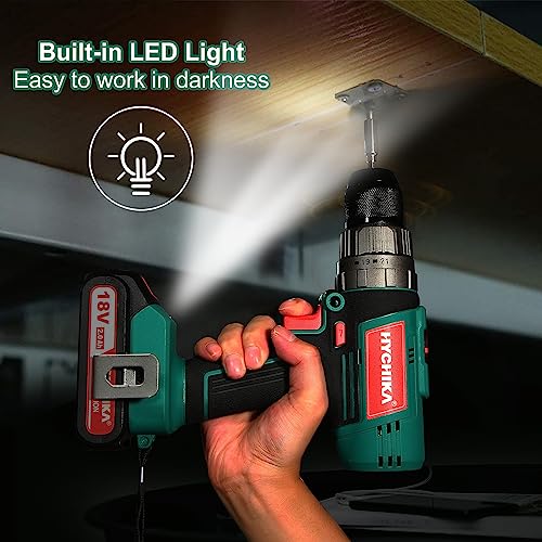 Cordless Hammer Drill Driver 18V, HYCHIKA 400 In-lbs Torque Power Drill with Auxiliary Handle, 1/2” Metal Chuck, 2.0Ah Battery, 1H Fast Charger, 21+3 Clutch, LED Light for Drilling Wood Metal Wall