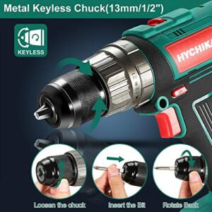 Cordless Hammer Drill Driver 18V, HYCHIKA 400 In-lbs Torque Power Drill with Auxiliary Handle, 1/2” Metal Chuck, 2.0Ah Battery, 1H Fast Charger, 21+3 Clutch, LED Light for Drilling Wood Metal Wall