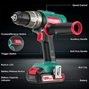 Cordless Hammer Drill Driver 18V, HYCHIKA 400 In-lbs Torque Power Drill with Auxiliary Handle, 1/2” Metal Chuck, 2.0Ah Battery, 1H Fast Charger, 21+3 Clutch, LED Light for Drilling Wood Metal Wall