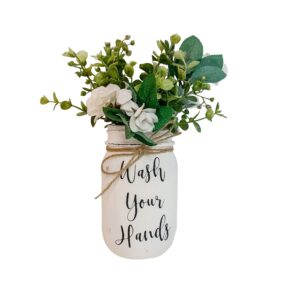 wash your hands mason jar, hand painted and distressed mason jar decor, pint 16 oz. regular mouth white mason jar, artificial flower arrangement, rustic farmhouse mason jar bathroom decor for shelf