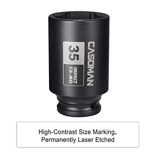 CASOMAN 1/2" Drive x 35 mm Deep 6 PT Impact Socket, CR-MO, 1/2-inch Drive 6 Point Axle Nut Socket for Easy Removal of Axle Shaft Nuts (35MM)